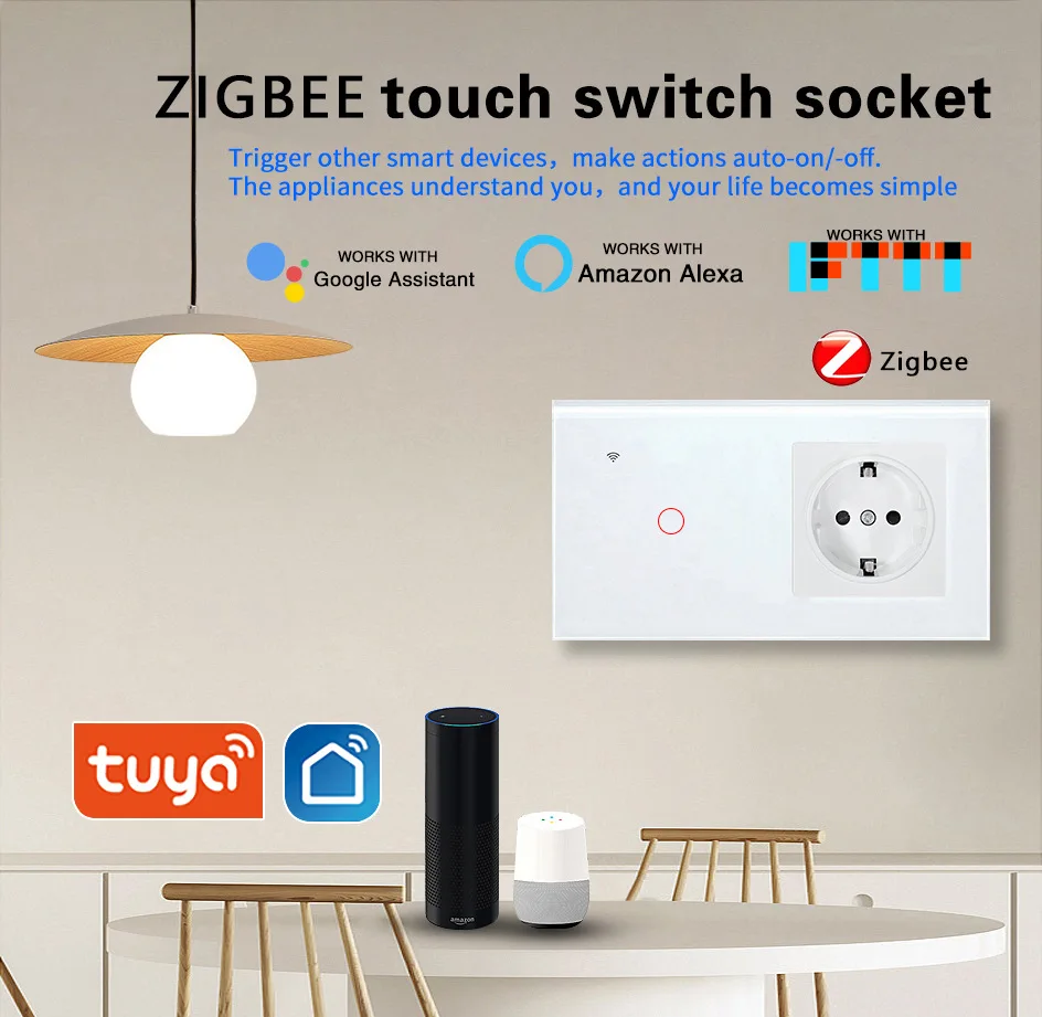 EU Tuya Zigbee Smart Switch Socket Set Glass Panel Alice Voice ...