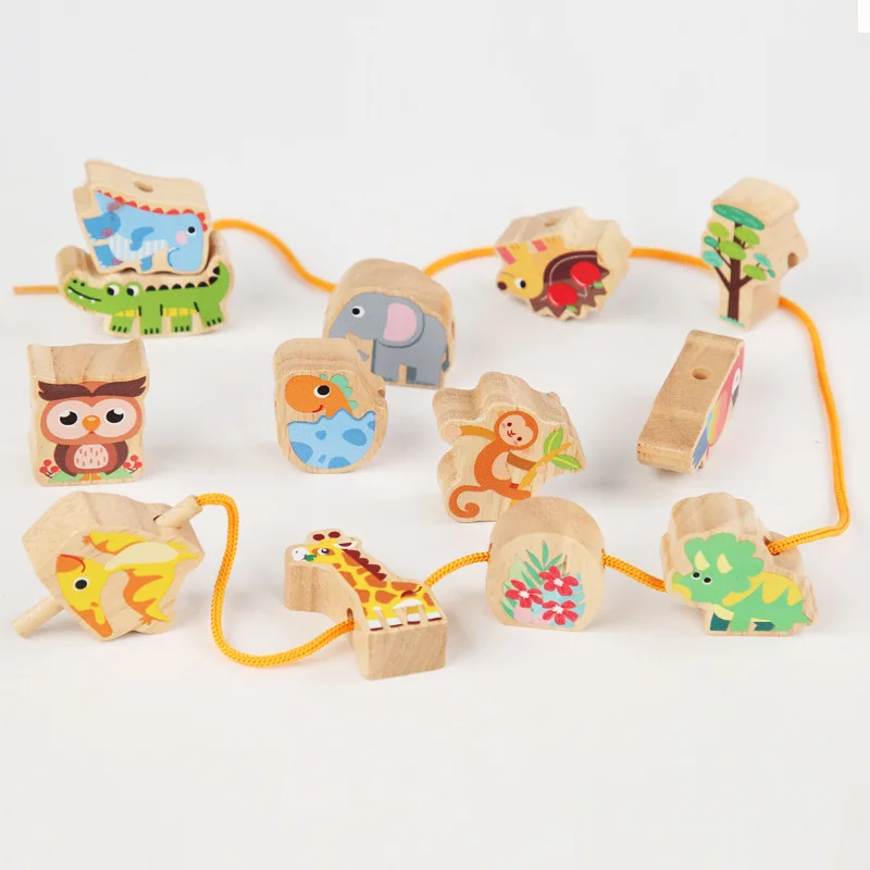 Wooden Animal Beaded Balance Tree Stacking Blocks Toy Kids Threading ...