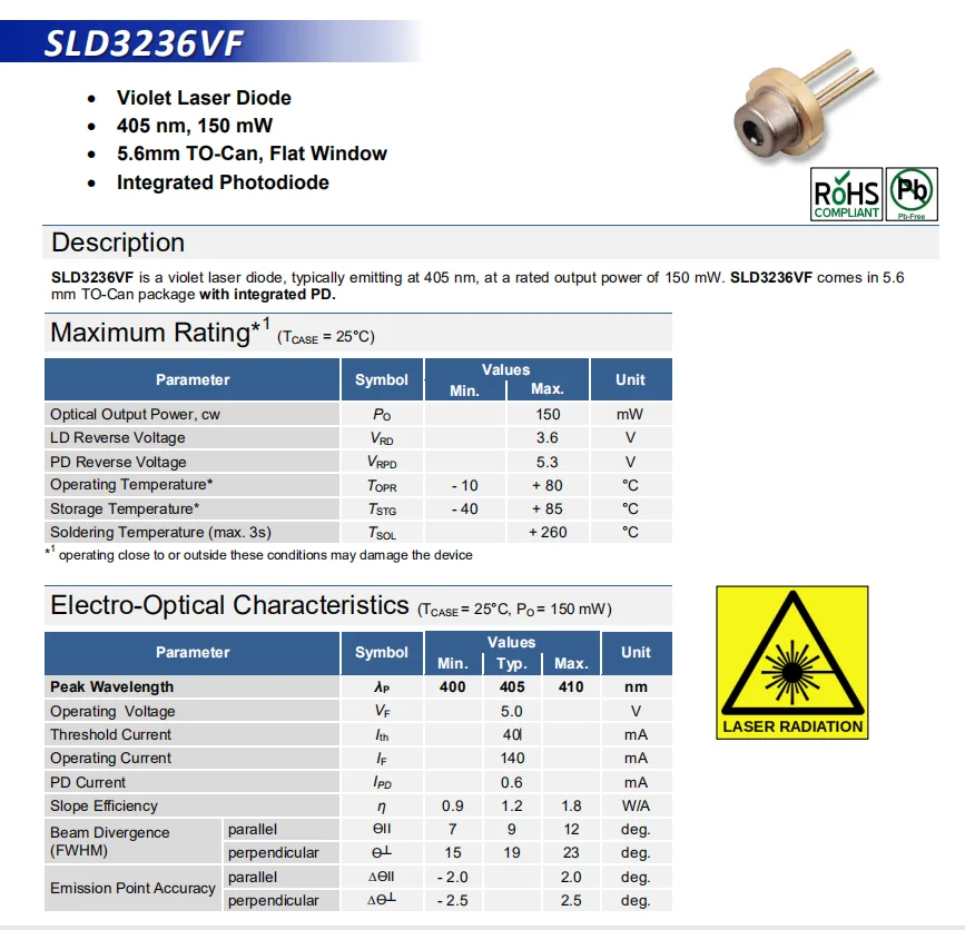 Sony Brand New Cw 150mw Pulse 350mw 400nm 405nm 410nm Blue Violet Light ...