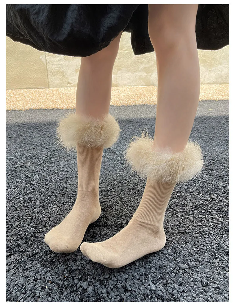 2024 Retro Y2K Candy Color Women’s Feather Faux Fur Ruffle Boot Socks