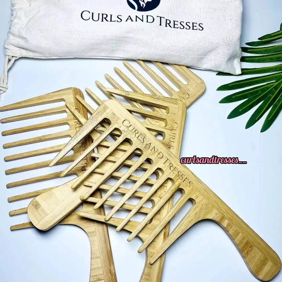 Custom Label Giant Afro Comb Wide Tooth Natural Bamboo Afro Comb For ...