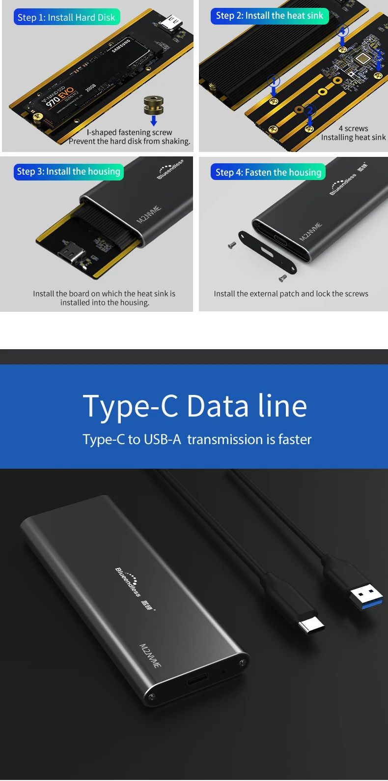 Blueendless M2 Usb Sata Enclosure Aluminum Ssd Case Tyep C 3.1 Nvme Ssd ...