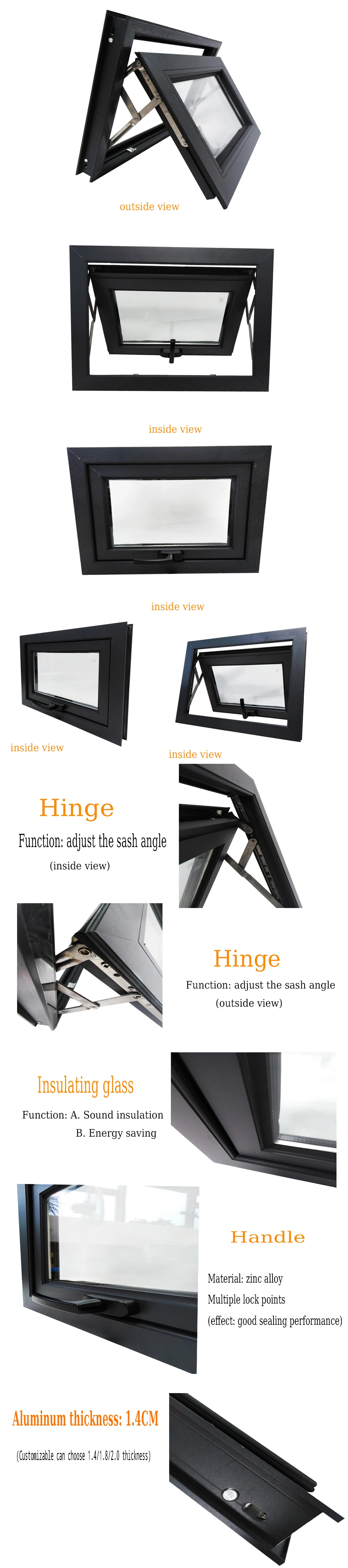 Acrylic Panes PVC Top Hung Windows Opener Awning Design