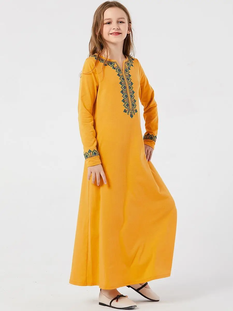 2020 New Islamic Children Clothing Muslim Girl Yellow Children Long ...