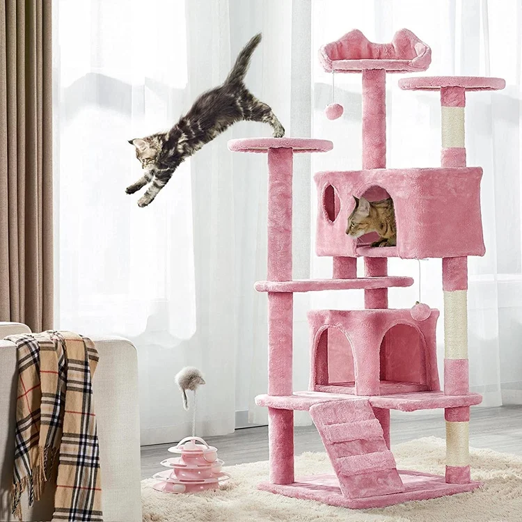 New Fashion 54 in Wood Cat Tree Tower Pink Cat Tree for Kittens Pet ...