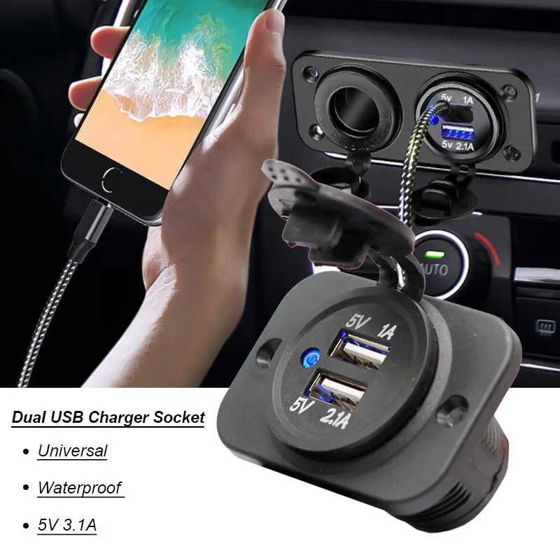 3.1A 2.1A Dual Port Bus Boat Marine Car Charger 12V USB Socket