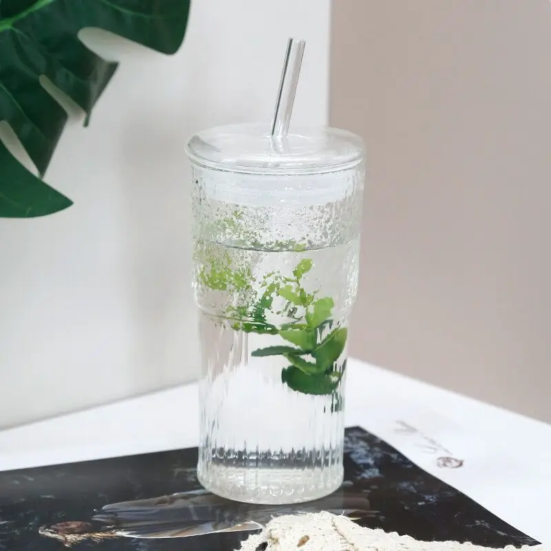 400ML Simple Ribbed Vertical Stripes Glass Cup With Lid and Straw ...
