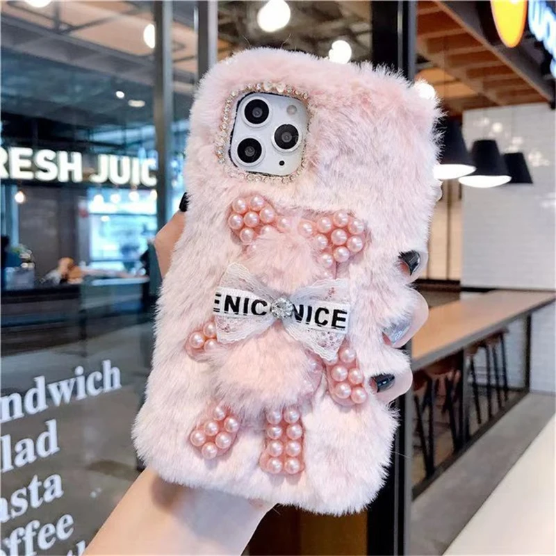 Fashion Luxury Fluffy Rabbit Furry Bear Fur Diamond Pearl Cell Phone ...