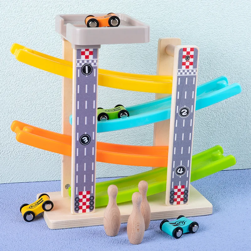 Wooden Race Track Car Ramp Toy for Toddler Color Vehicle Construction ...