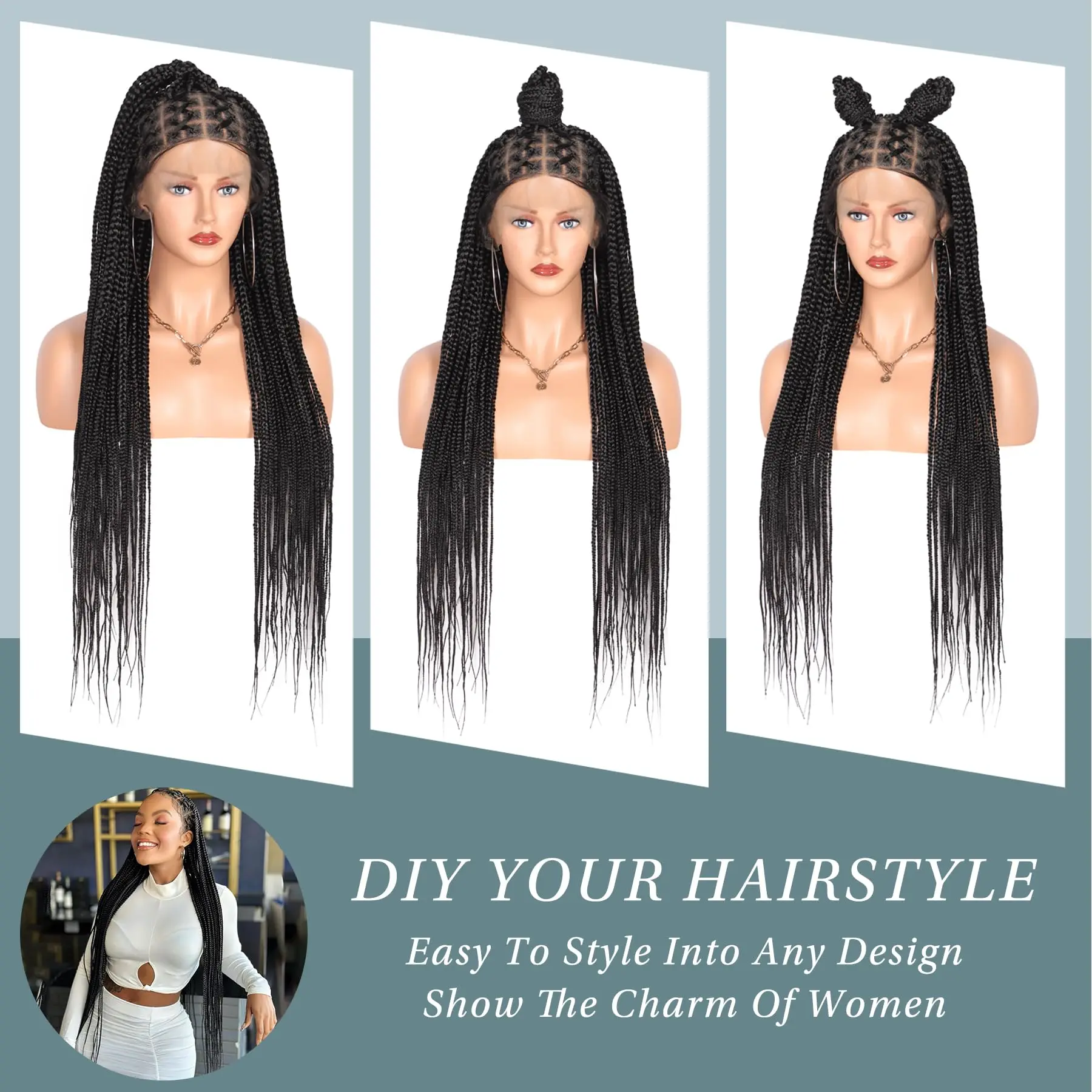 Cross Knotless Box Braided Wigs with Baby Hair 36" Cornrow Lace Front ...