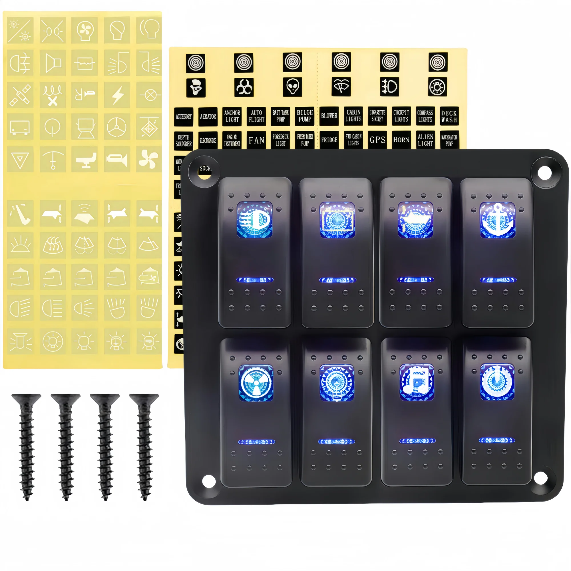 8 Gang Rocker Switch Aluminum Panel, 12V/24V Car Toggle Switch 5 Pin On ...
