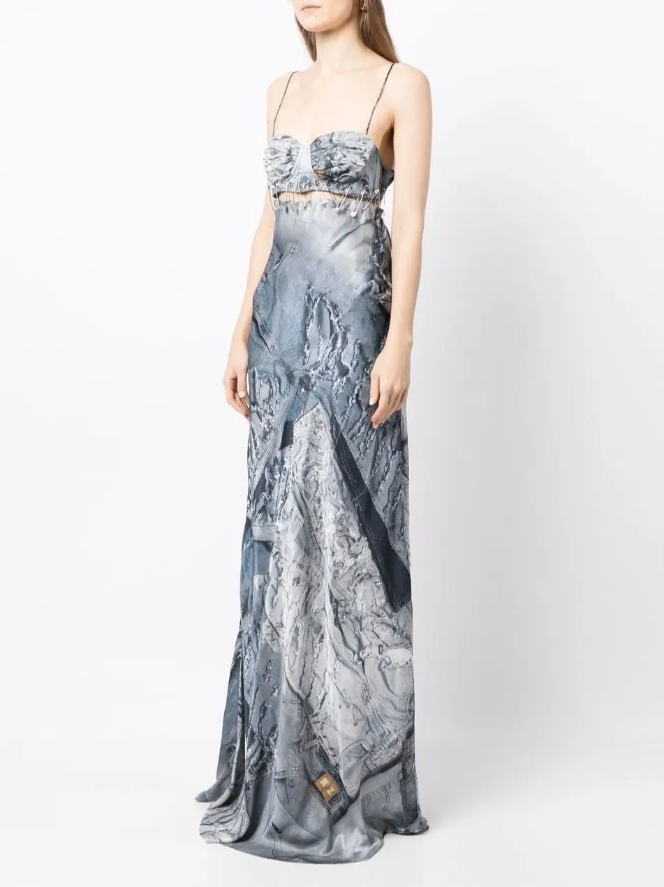 Sexy Women's Denim Print Pin Embellished Suspender Mop Evening Dress ... Sexy Women's Denim Print Pin Embellished Suspender Mop Evening Dress ...