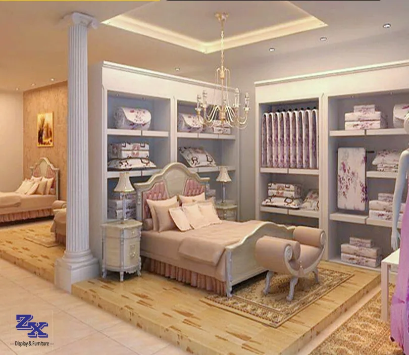 Luxury Style Bedding Shop Interior Design Pillows Display Cabinet Quilt ...