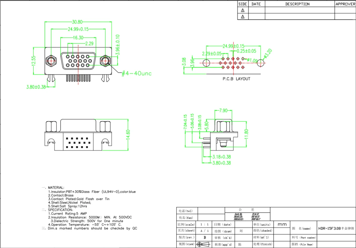 Blue Vga Connector Socket Three Rows Of 15-pin 90 Degree Bending Feet ...