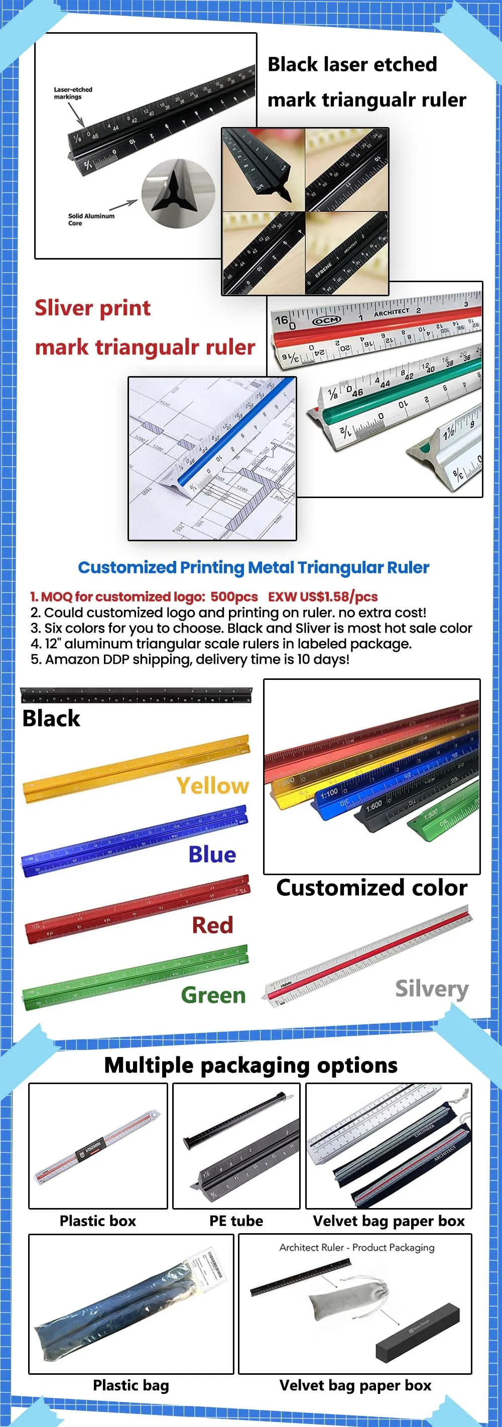 12 Inch Architectural Scale Ruler Metal Triangular Ruler Drafting Tool ...