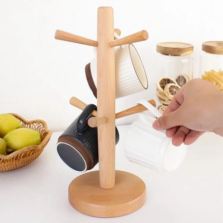 Custom Wooden Cup Holder Tree Stand With 6 Storage Hooks Round Bottom ...