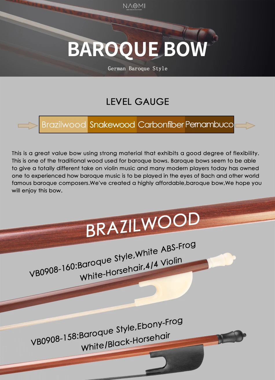 NAOMI Advanced German Baroque Style Bow Snakewood Round Stick