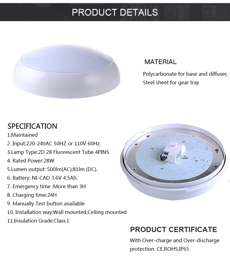 Ip65 Emergency 2D Ceiling Light / Lamp With Rechargeable Battery Backup ...