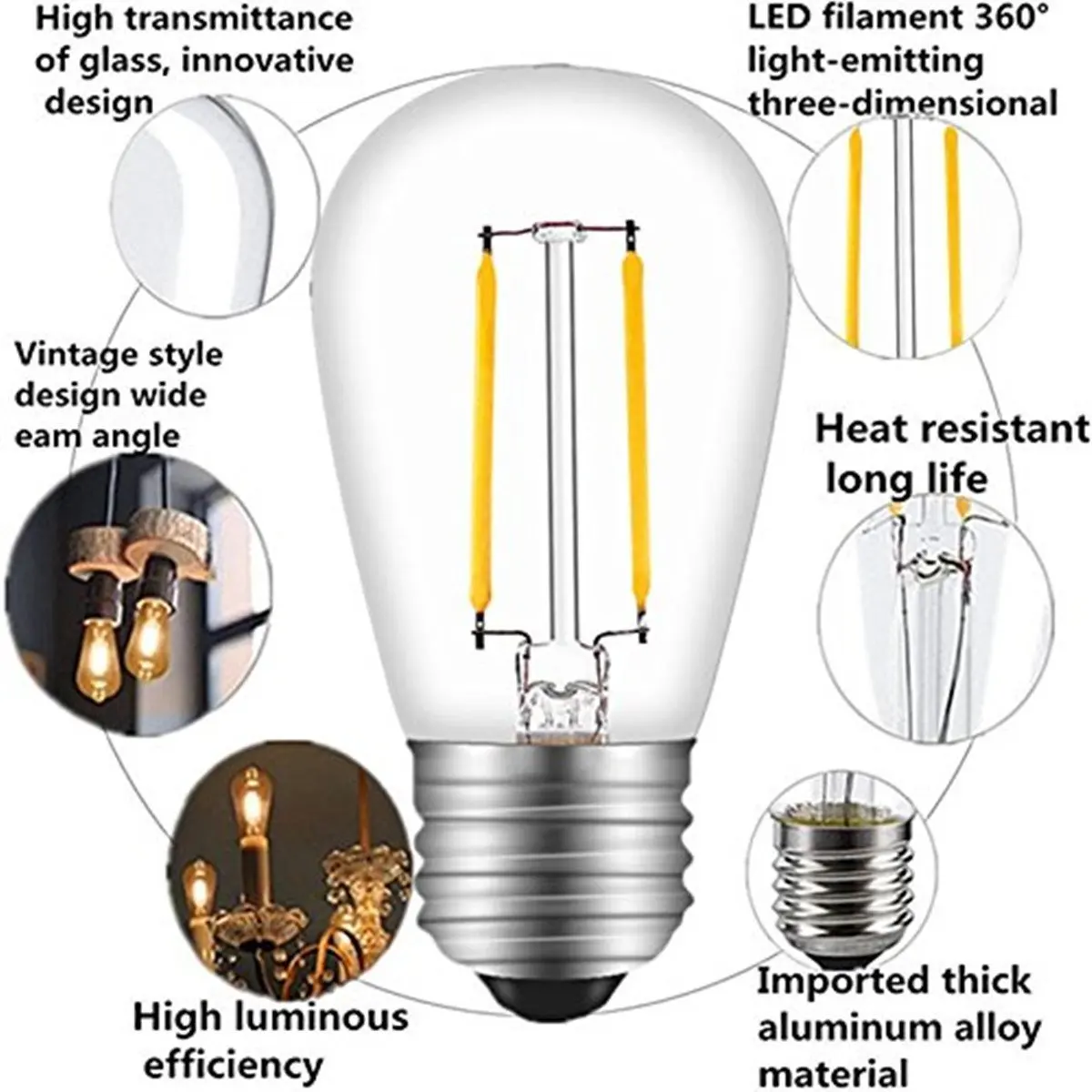 UL Listed E27 E26 Dimmable LED Edison Filament Bulbs