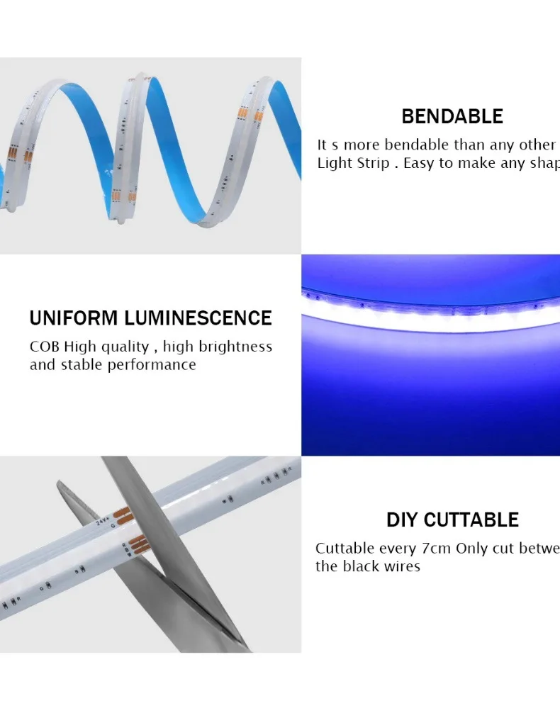 Multicolor DC 12V/24V Flexible RGB Cob LED Strip Light IP65 Outdoor ...