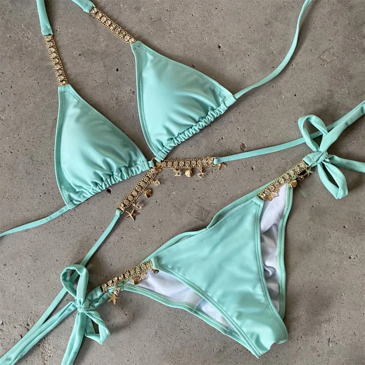 Cross Hanging Diamond Jewelry Diamond Bikini Bandage Two Piece Swimsuit