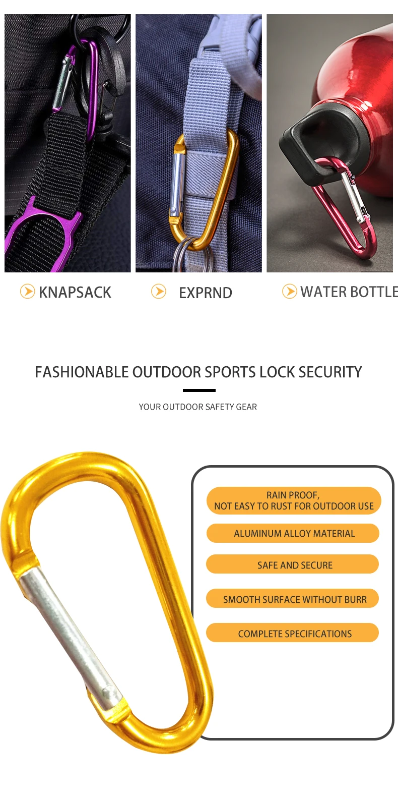 6cm Promotional Gift Aluminum D Shape Carabiner Clip Climbing Carabiner ...