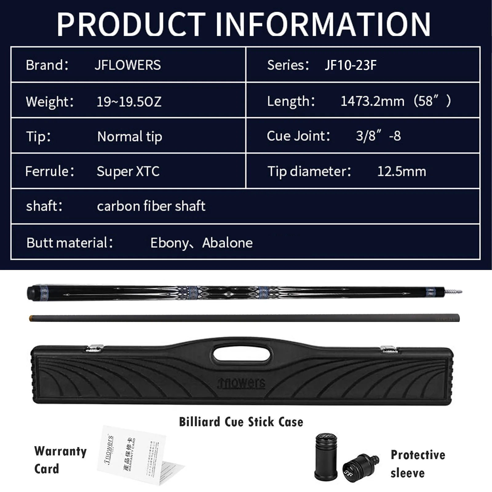JFLOWERS JF10-23F Carbon Fiber Billiard Pool Cue Stick, 12.5mm Tip ...