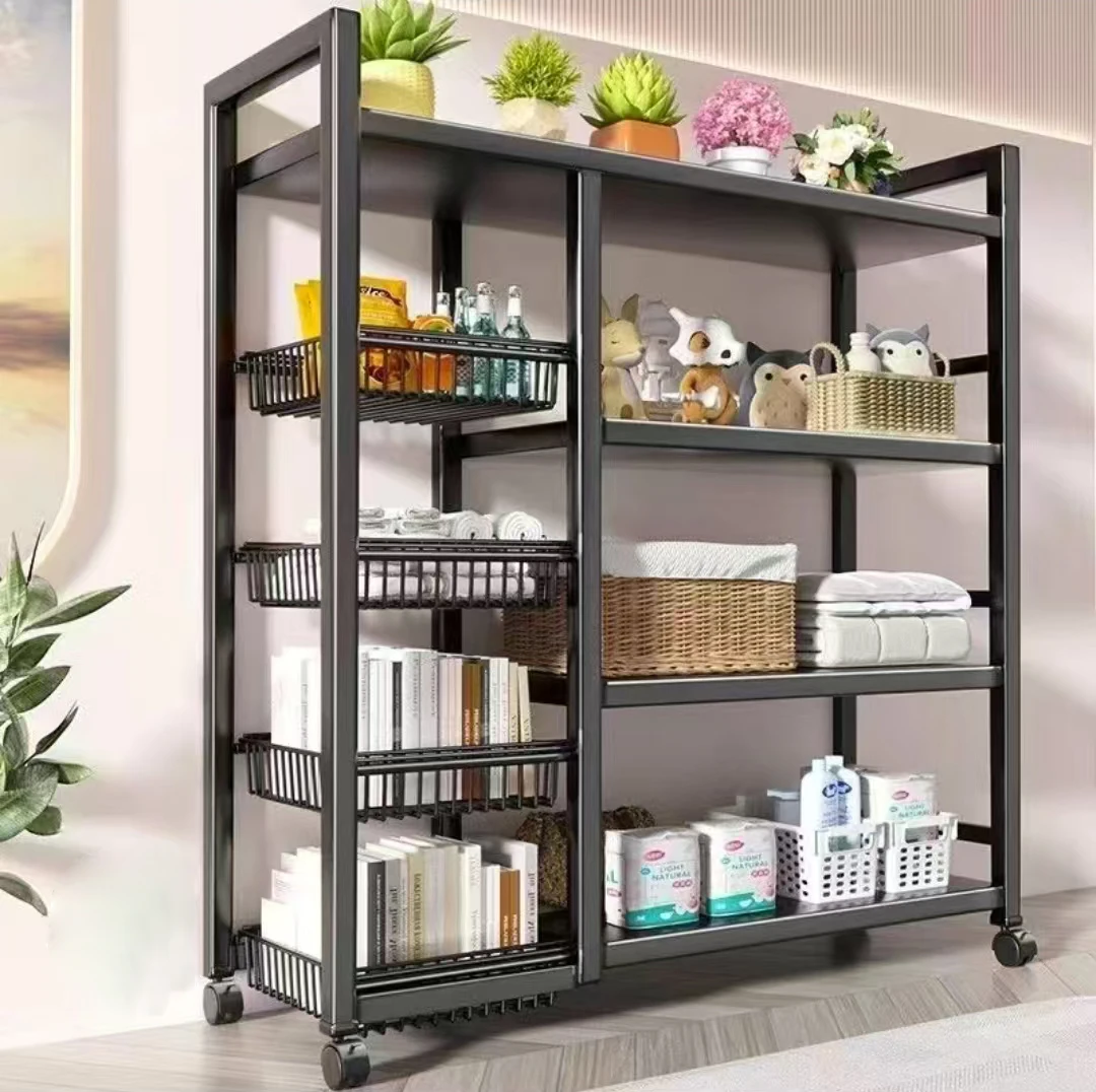 4-Tier Moveable Steel Shelving with Wheels Multi-Function Household ...
