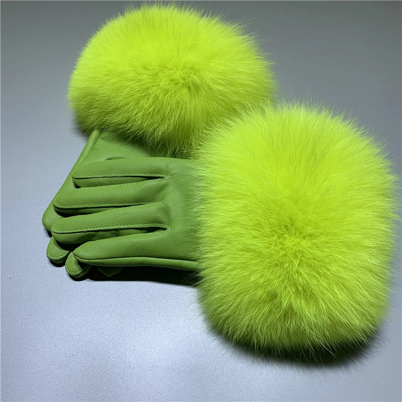 Warm Real Leather Gloves with Big Genuine Fox Fur