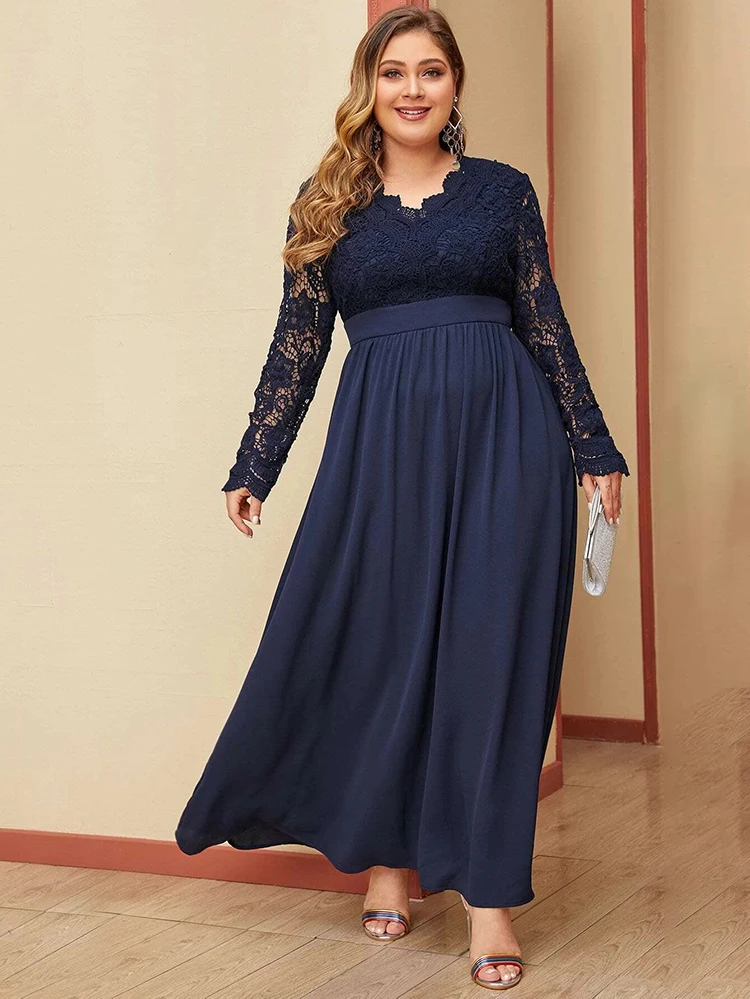 Plus Size Open Back Long Lace Sleeves Chiffon Evening Dress