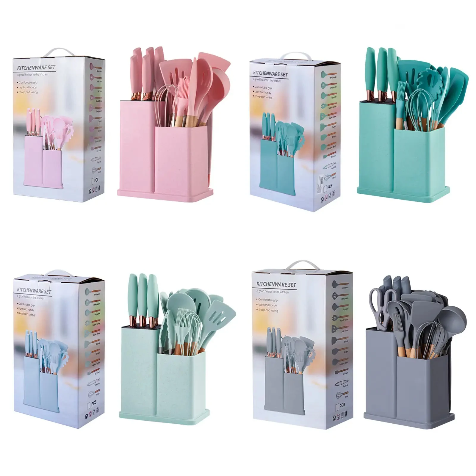 19pcs Knife Set Silicone Kitchen Utensils Set With Wooden Handle And ...