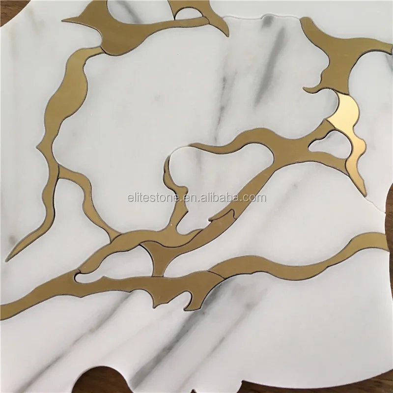 Waterjet Brass Inlay White Stone Mosaic for Flooring & Wall