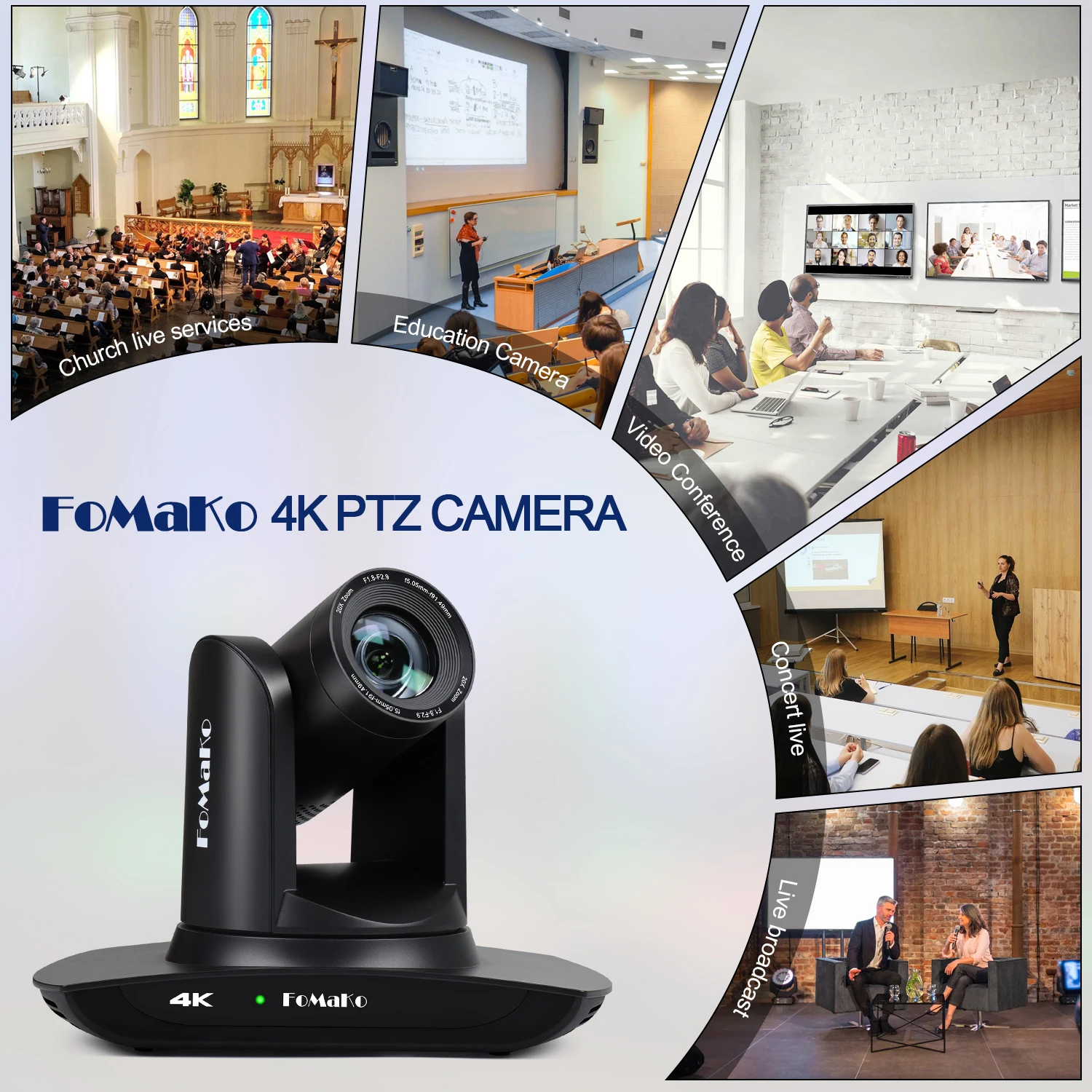 Fomako 4K PTZ Camera - 20X Optical Zoom for Church & Events