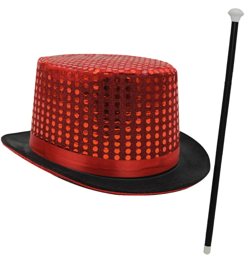 Red Sequin Top Hat Dance Cane Bow Tie Fancy Dress Ringmaster Cabaret ...