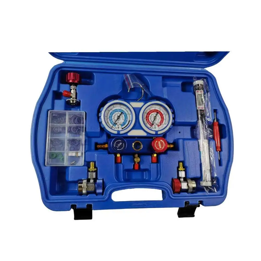 Car Refrigerant Double Valve Pressure Gauge with Hose and Hook Air ...