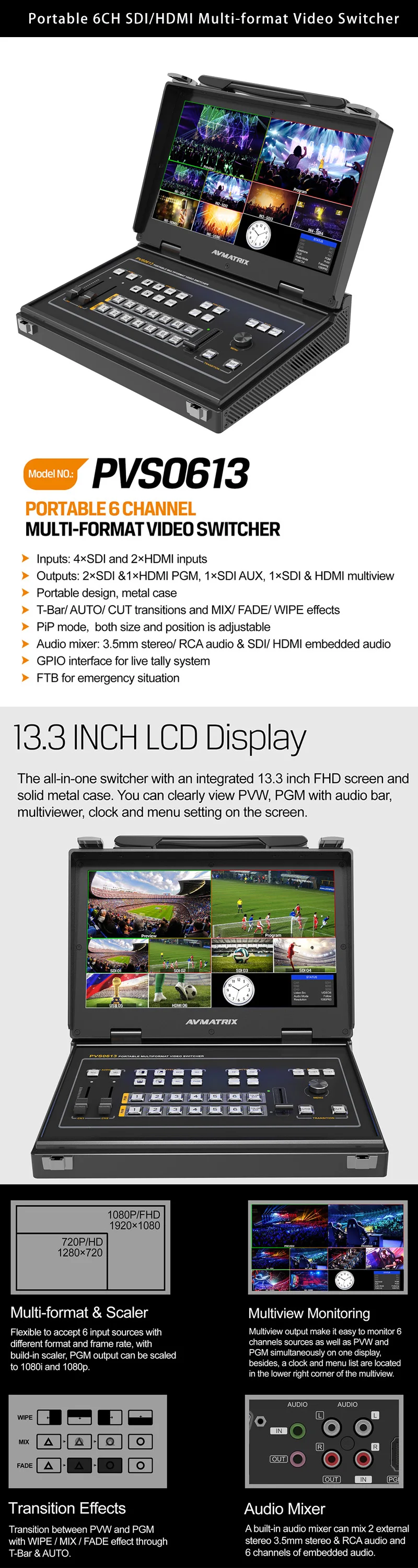 AVMATRIX SDI HDMI Switch - Portable Multi-Format Video Mixer