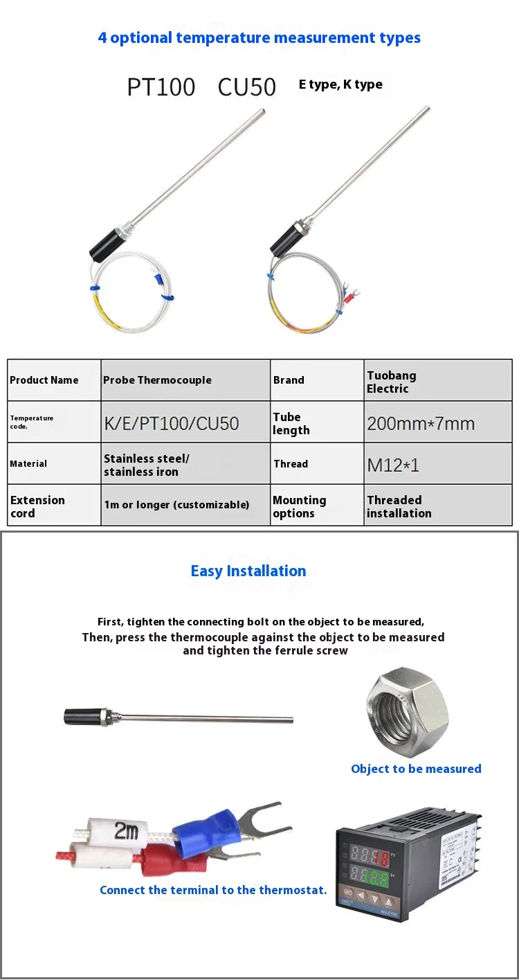 K/E/PT100/CU50 Type Temperature Sensor Probe Stainless Steel ...