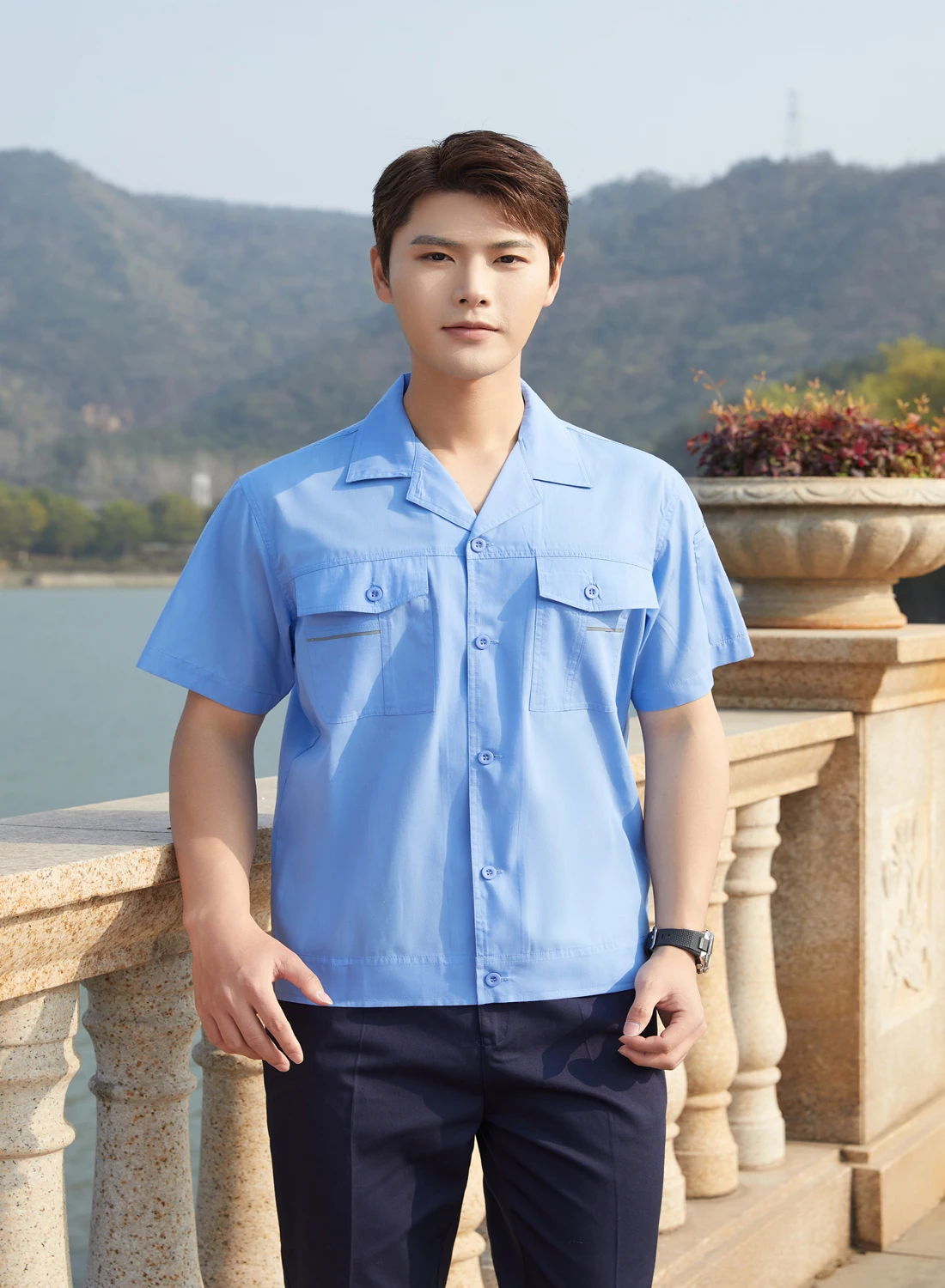 Summer work uniform set men thin long short-sleeved site workshop labor ...