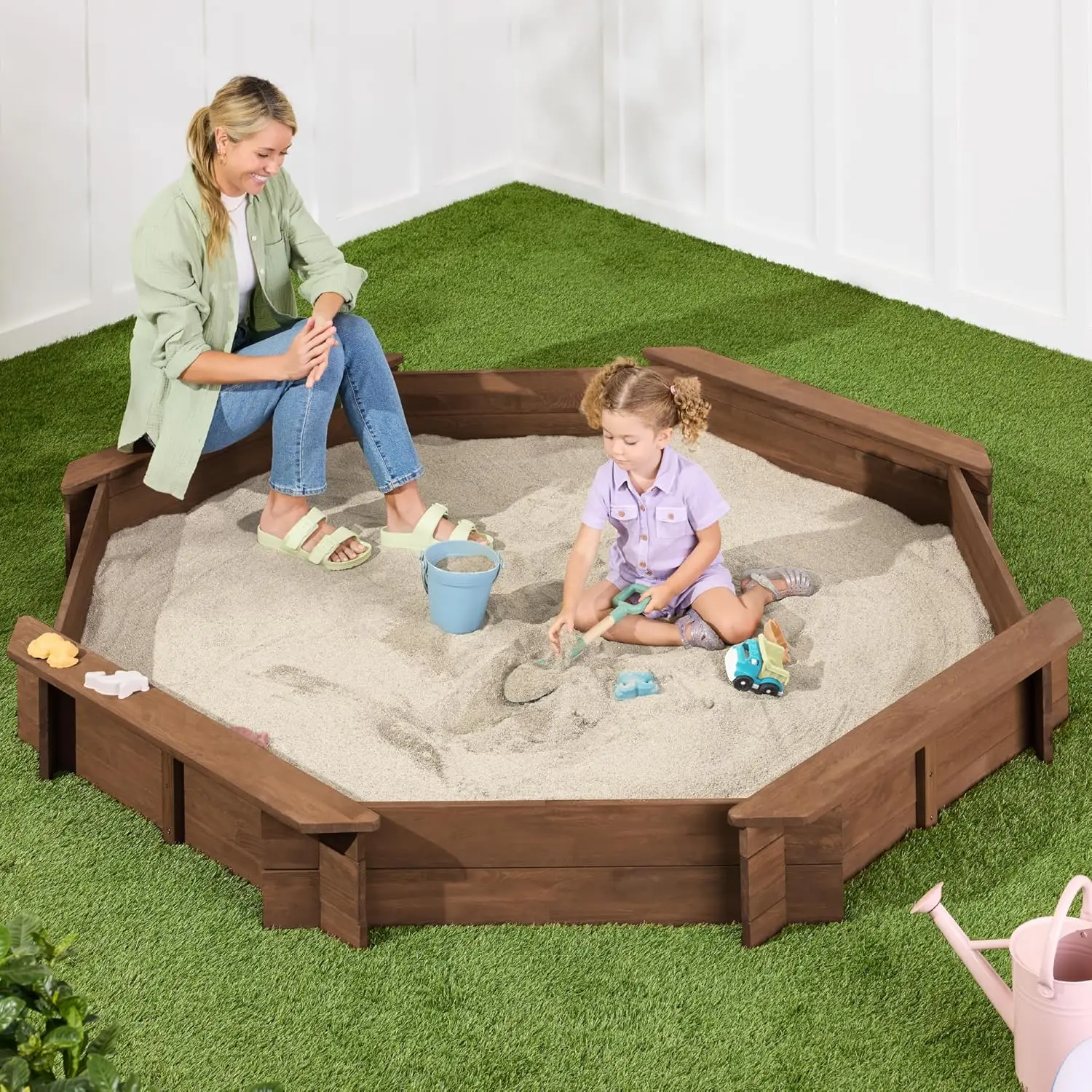 Large Octagonal Wooden Outdoor Sandbox for Kids with 4 Reinforced ...