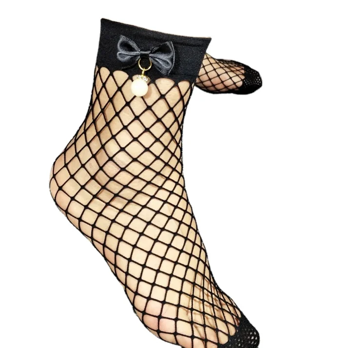 Women Black Bow Pearl Fishnet Ankle Socks Mesh Lace Girl Fish Net Short ...