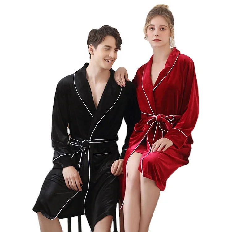 Couple Fashion Short Kimono Bath Robe Velvet Western Bathrobe With ...