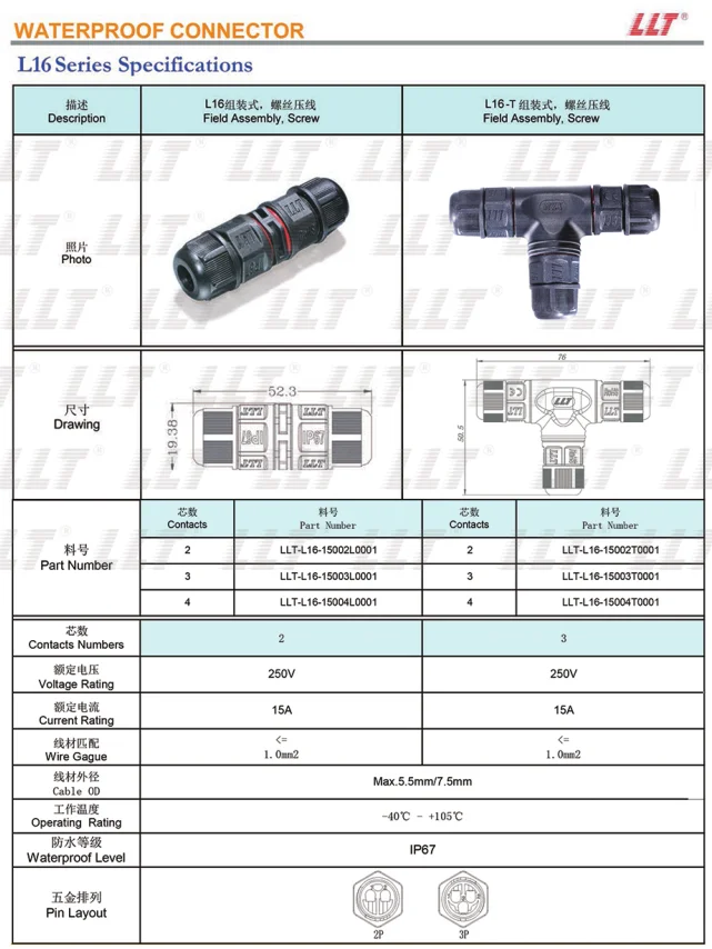 T-type Waterproof Connector 2 Pin Ip68 250v&15a Electrical Wire Cable ...