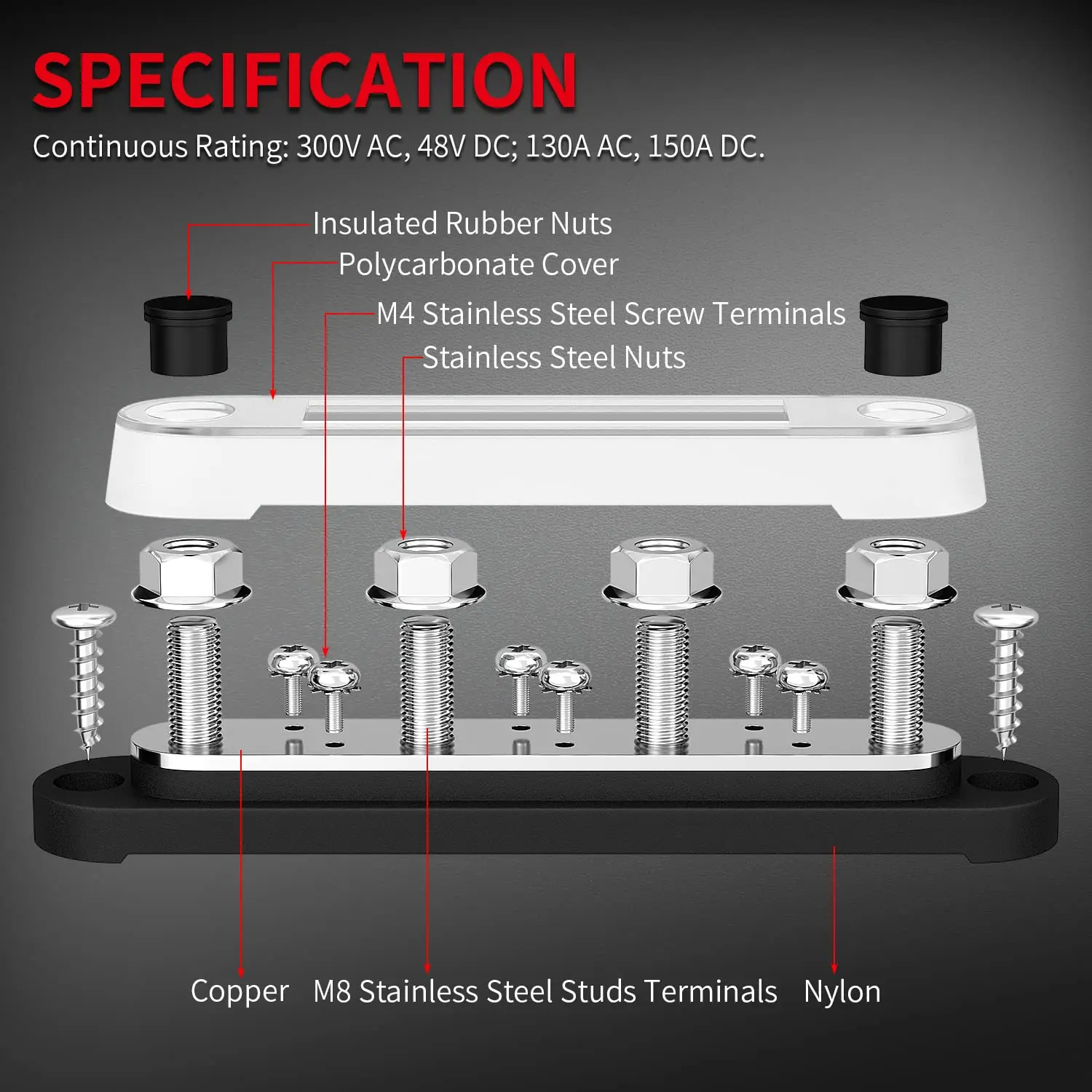 Marine Battery Ground Bus Bar Terminal Block 12V 48V 150A M8 Screw Stud ...