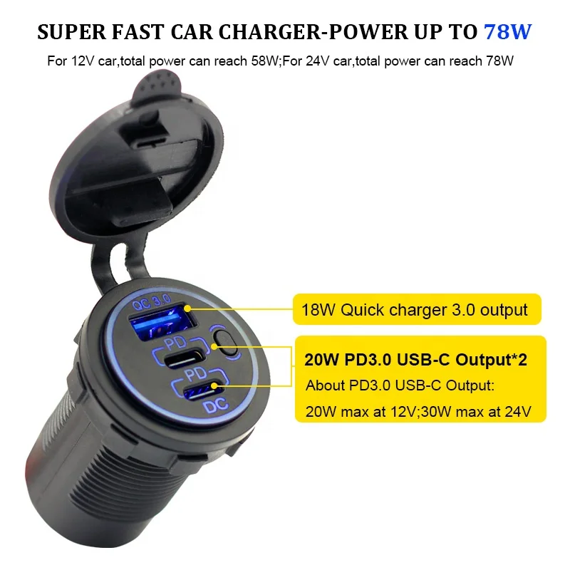 12V/24V Triple USB Outlet 60W USB-C Multiple Car Charger Socket PD3.0 ...