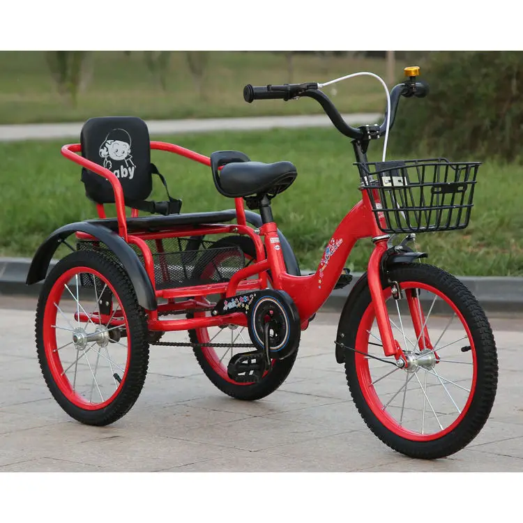Kids' Double-Seat Steel-Fork Tricycle with Brake Line System