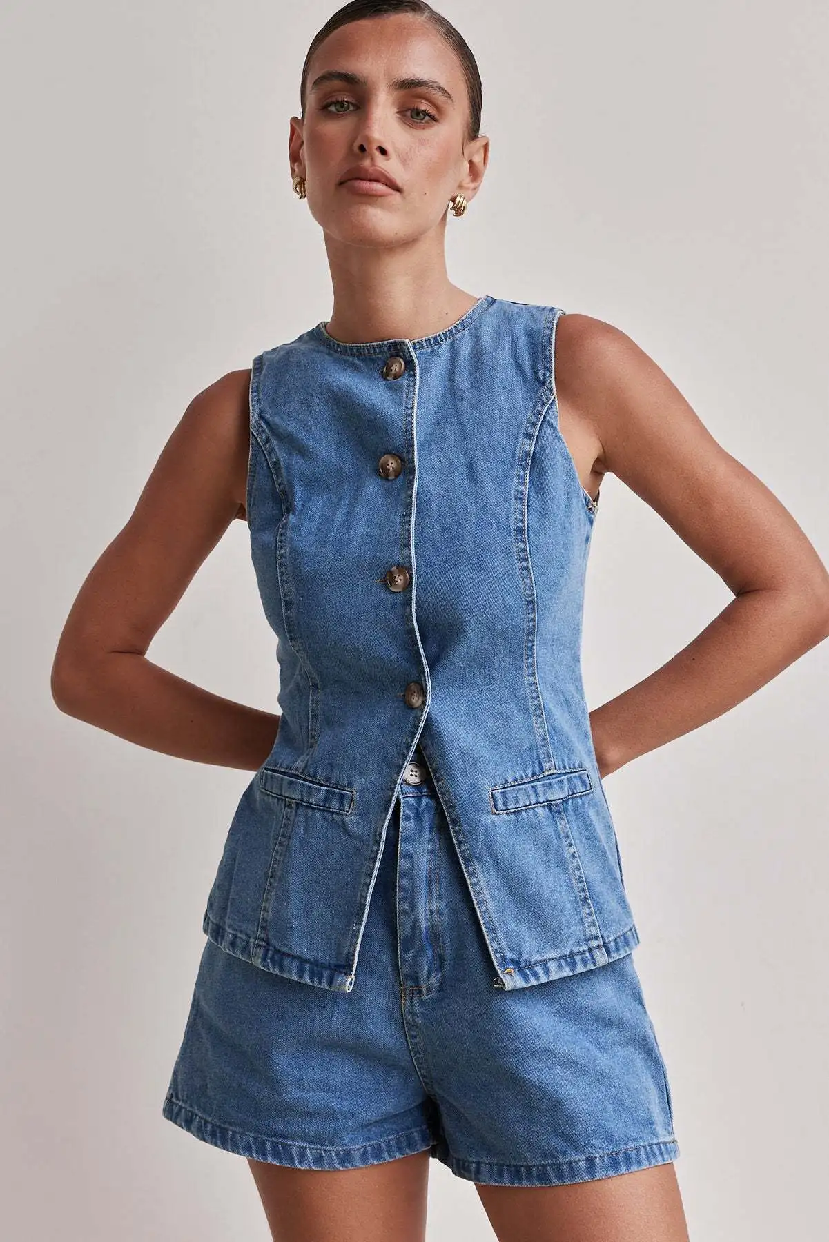 Ladies Summer Sleeveless High Waist Loose Denim Shorts Two Pieces Set ...