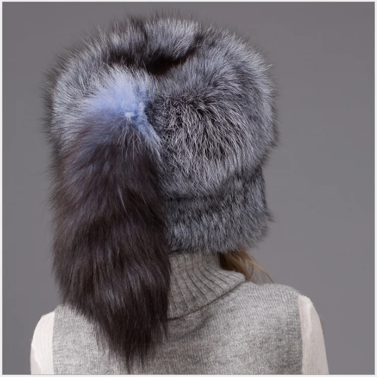 Mongolian Fur Hat Ski Grey Women Ear Flaps Windproof Cap Fox Fur Hat ...