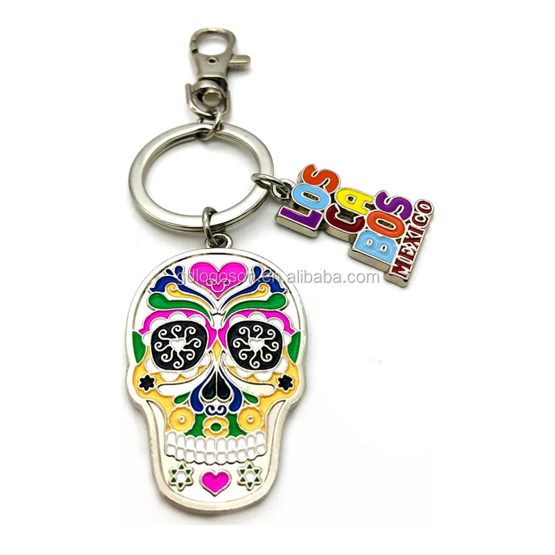 Los Cabos Metal Enameled Skull Keychains - Mexican Souvenirs