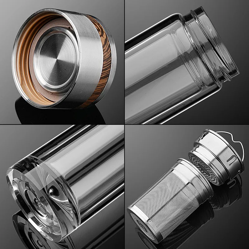 Double Wall Wood Color Tea Filter Glass Water Bottle With Tea Infuser ...