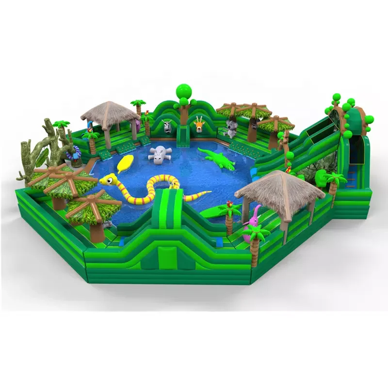 Jungle Inflatable Ground Land Water Park Slide with Pools